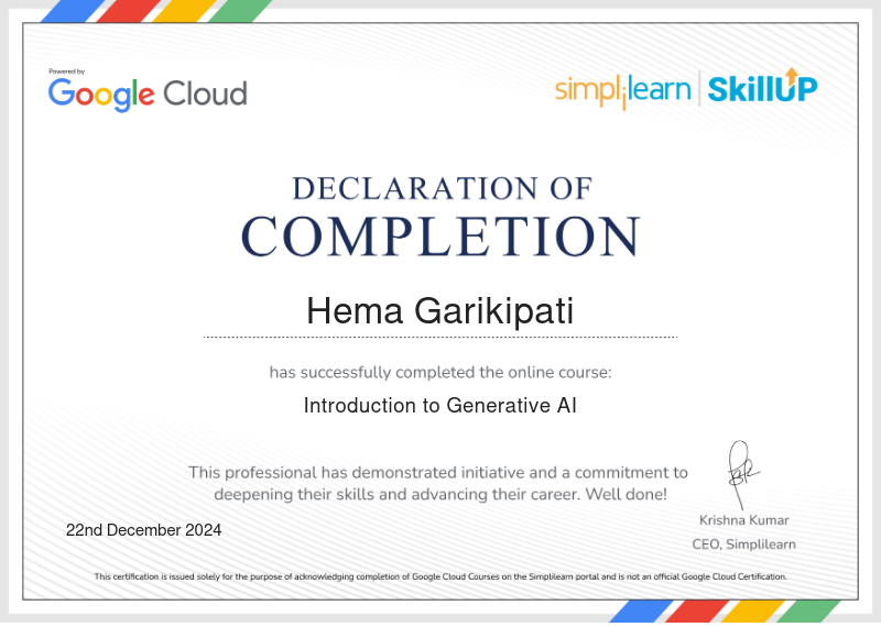 hema garikipati has successfully completed the online course Introduction to Generative AI ...