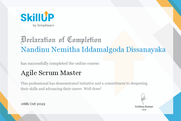 Nandinu Nemitha Iddamalgoda Dissanayaka has successfully completed the online course Agile Scrum ...