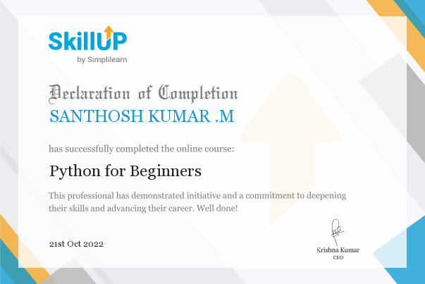 SANTHOSH KUMAR .M has successfully completed the online course Python ...