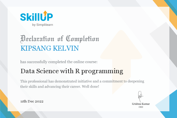 KIPSANG KELVIN has successfully completed the online course Data Science with R Programming ...