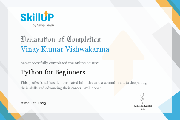 Vinay Kumar Vishwakarma has successfully completed the Python for ...