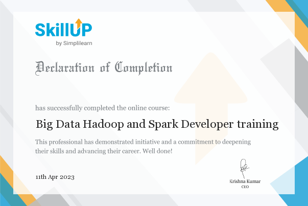 has successfully completed the online course Big Data Hadoop and Spark Developer Training ...