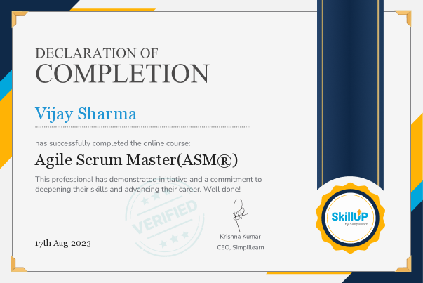 Vijay Sharma has successfully completed the online course Agile Scrum ...