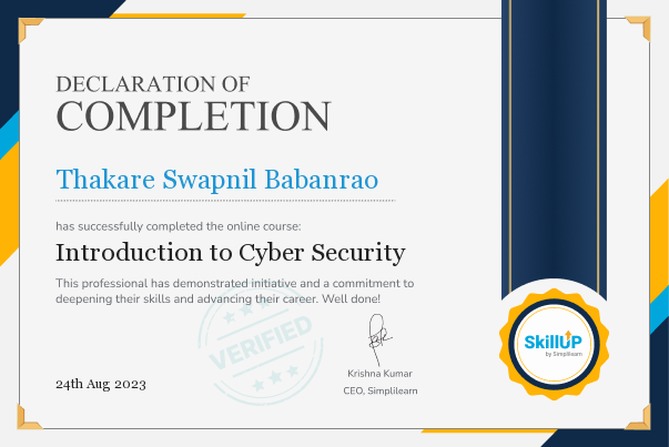 Thakare Swapnil Babanrao has successfully completed the online course Introduction to Cyber ...