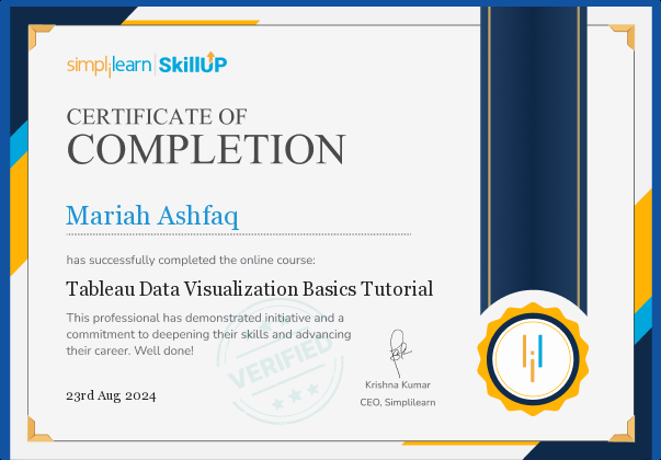 Mariah Ashfaq has successfully completed the Tableau Data Visualization Basics Tutorial online ...