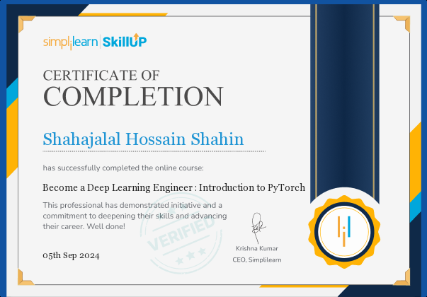 Shahajalal Hossain Shahin has successfully completed the online course Become a Deep Learning ...